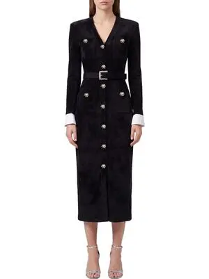 SELF-PORTRAIT Velvet Midi Sheath Dress With Jewel Buttons And Padded Shoulders
