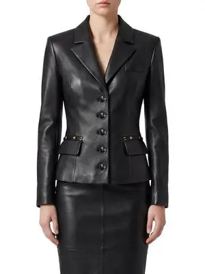 Elisabetta Franchi Slim Fit Leather Blazer With Peak Lapels - Black