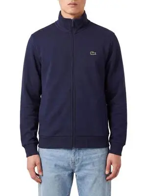 Lacoste Zip-up Cotton Blend Sweatshirt With Turtleneck And Logo Patch - Navy