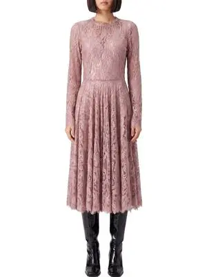 Dolce & Gabbana Long-sleeved Flared Midi Dress In Lace - Violet