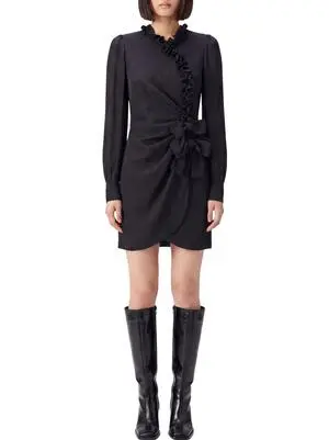 Alessandra Rich Pure Silk Wrap Mini Dress With Rouches Collar - Black