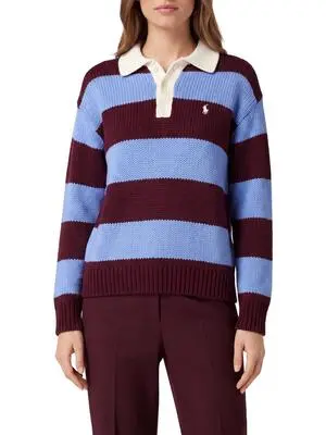 Polo Ralph Lauren Striped Wool Blend Knit Polo With Pony Logo Red