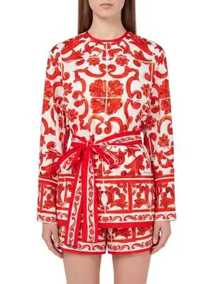 DOLCE & GABBANA Majolica Print Silk Blouse With A Tie-waist Detail
