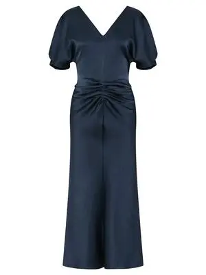 Marella Satin Gathered Midi Dress - Navy