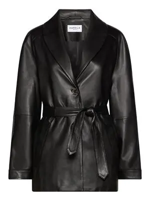 Marella Longline Belted Leather Jacket - Black