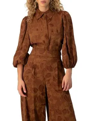 IVONNE Floral Jacquard 3/4 Puff-sleeve Button-down Collared Shirt - Chocolate