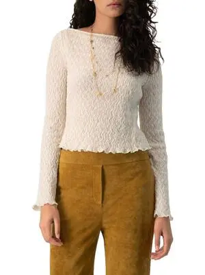 IVONNE Crinkle-knit Bateau-neck Long-sleeve Fitted Top - Bone
