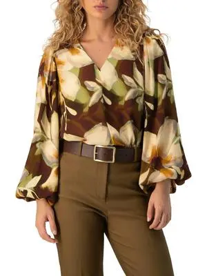 IVONNE Botanical Floral Print Relaxed V-neck Puff-sleeve Blouse