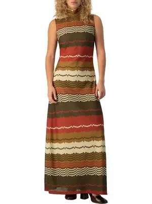 IVONNE Colorblock Zigzag Knit Mock-neck Sleeveless Maxi Dress - Bone