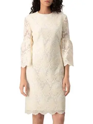 IVONNE Floral Lace 3/4 Bell-sleeve Crew-neck Shift Mini Dress - Bone