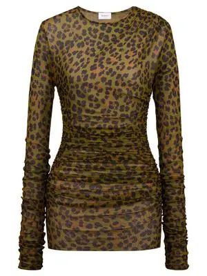Saint Laurent Ruched Mini Dress In Leopard Tulle Jersey - Leopard Print