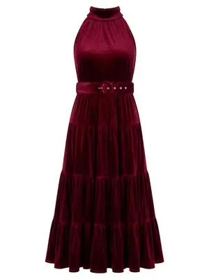 YUMI Red Yumi Burgundy Velvet Halter Maxi Dress With Belt Red