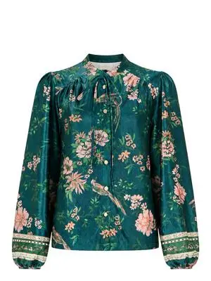 YUMI Yumi Green Floral Velvet Blouse With Tie Neckline