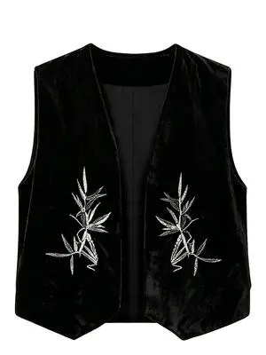 SILKINC Silk Velvet Embroidered Vest - Black