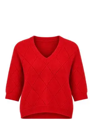 LUELLA FASHION Montrose Short Sleeve V-neck Diamond Pattern Alpaca Knit Jumper - Red