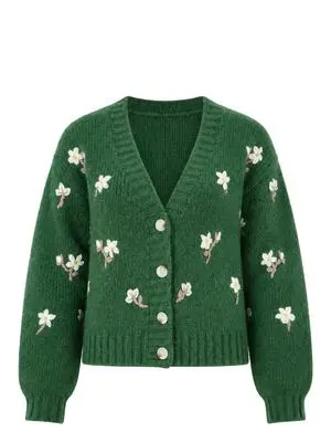 YUMI Yumi Green Hand Embroidered Chunky Knitted Cardigan Green