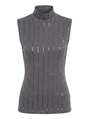 Brunello Cucinelli Sleeveless Turtleneck Sequin Top Grey
