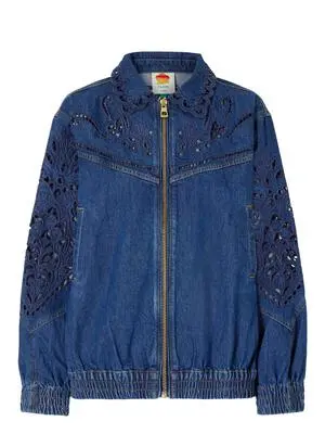 Farm Rio Richilieu Heart Broderie Anglaise Denim Jacket - Blue