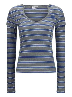 GANNI Ribbed Stripe V-neck Knitted Top - Gray