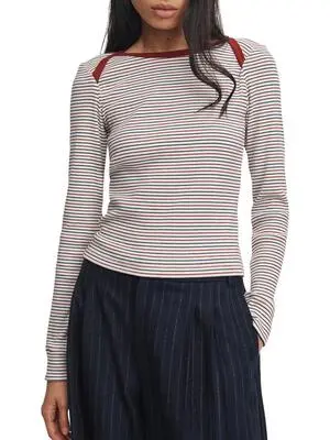 Rag & Bone Essential Striped Rib Bateau Neck Tee - Ivory Multi