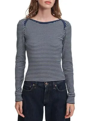 Rag & Bone Essential Striped Rib Bateau Neck Tee - Navy Multi