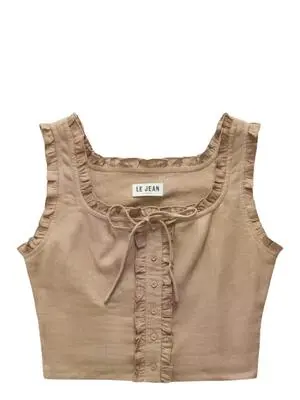LE JEAN Ruffled-trim Linen Crop Top Neutrals