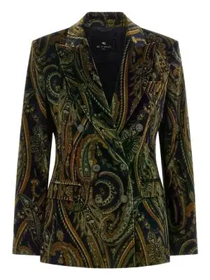 Etro Double-breasted Cotton Velvet Jacket With Floral Overprint - Blue