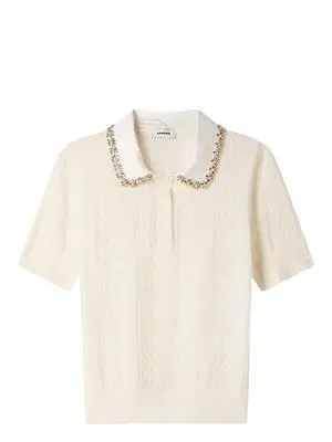 Sandro Embellished-collar Short-sleeve Wool Jumper - Ecru