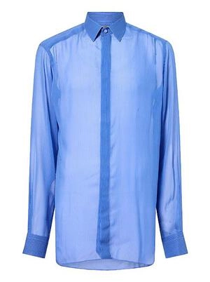 TOM FORD Striped Sheer Long Sleeve Silk Shirt 15.5 Bright Blue