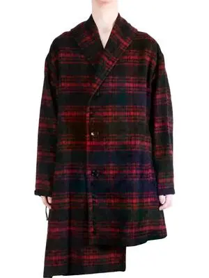 Y’S Asymmetric-hem Tartan-check Coat