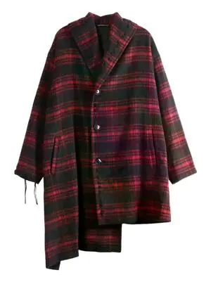 Y’s Asymmetric-hem Tartan-check Coat - Black