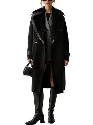 Patrizia Pepe Belted Shearling-collar Coat - Black