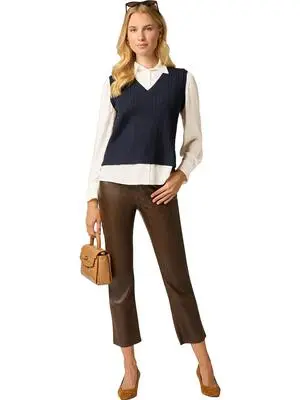 Adrianna Papell Long Sleeve Cable Knit Sweater Vest Twofer Top In Navy Ivory - Navy/ivory