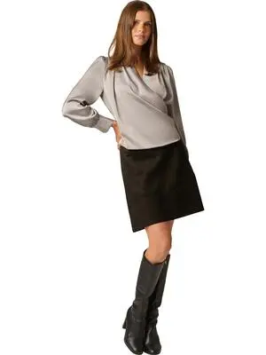 Adrianna Papell Long Sleeve Draped Satin Wrap Front Blouse - Silver Grey