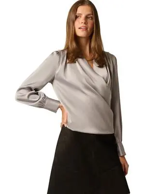 ADRIANNA PAPELL Long Sleeve Draped Satin Wrap Front Blouse In Silver Grey