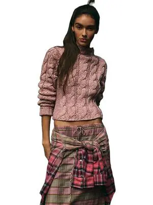 Free People Simone Cable Knit Pullover - Smoke Rose