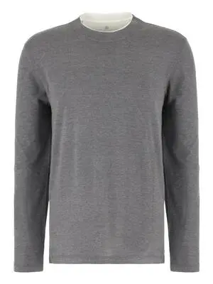 Brunello Cucinelli Silk And Cotton Lightweight Jersey Long Sleeve Crew Neck T-shirt With Contrast Detail - Gray