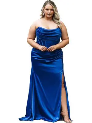 SYDNEY'S CLOSET Slim Satin Curvy Prom Dress With Corset Boning - Cobalt