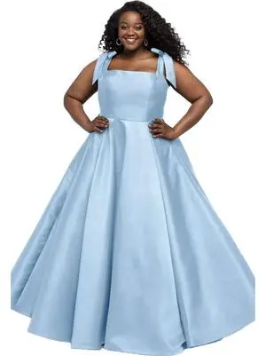 SYDNEY'S CLOSET Satin Plus Size A-line Formal Gown With Bows Light Blue