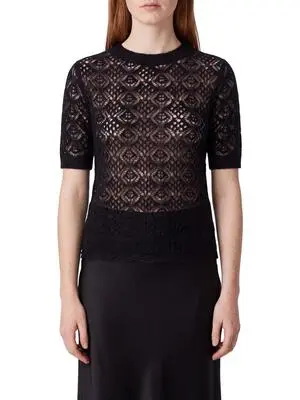 ERMANNO FIRENZE Openwork Knit Viscose Top With Crew Neck - Black