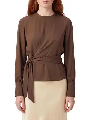 Federica Tosi Draped Viscose Blouse With Tie-waist Belt And Long Sleeves - Brown
