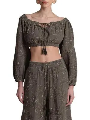 Avec Les Filles Embroidered Puff Sleeve Crop Top - Olive