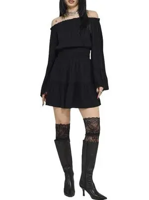 DISTURBIA Amarantha Crinkle Bardot Mini Dress - Black