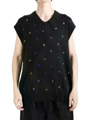 VOWELS Embroidered V-neck Vest - Black