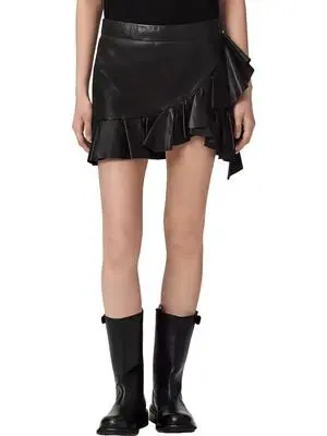 ALLSAINTS Luana Ruffled Leather Skirt - Black