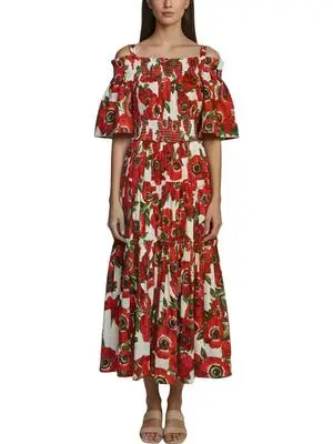 DOLCE & GABBANA Floral-print Off-shoulder Midi Dress