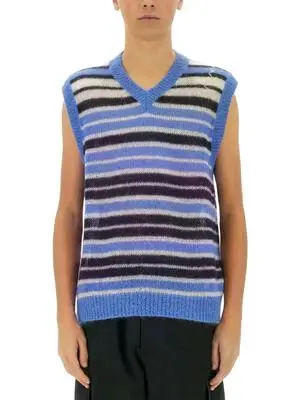 Marni Striped V-neck Knitted Vest - Blue