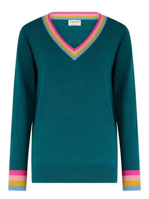 SUGARHILL BRIGHTON Doris V-neck Sweater Teal Rainbow Stripe - Blue