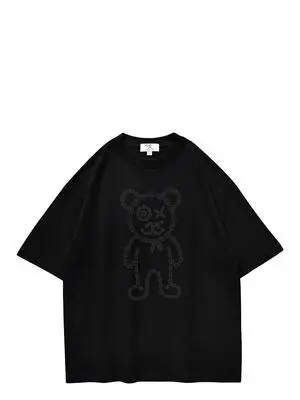 X ILONA BLUE Black / Grey Graffiti Daddy Bear Black Organic Cotton Charcoal Chain Link Embroidery Tee