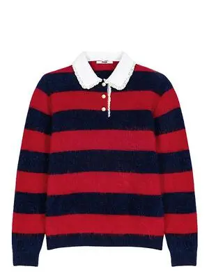 Maje Poplin-collar Striped Wool And Cashmere Jumper - Navy/red